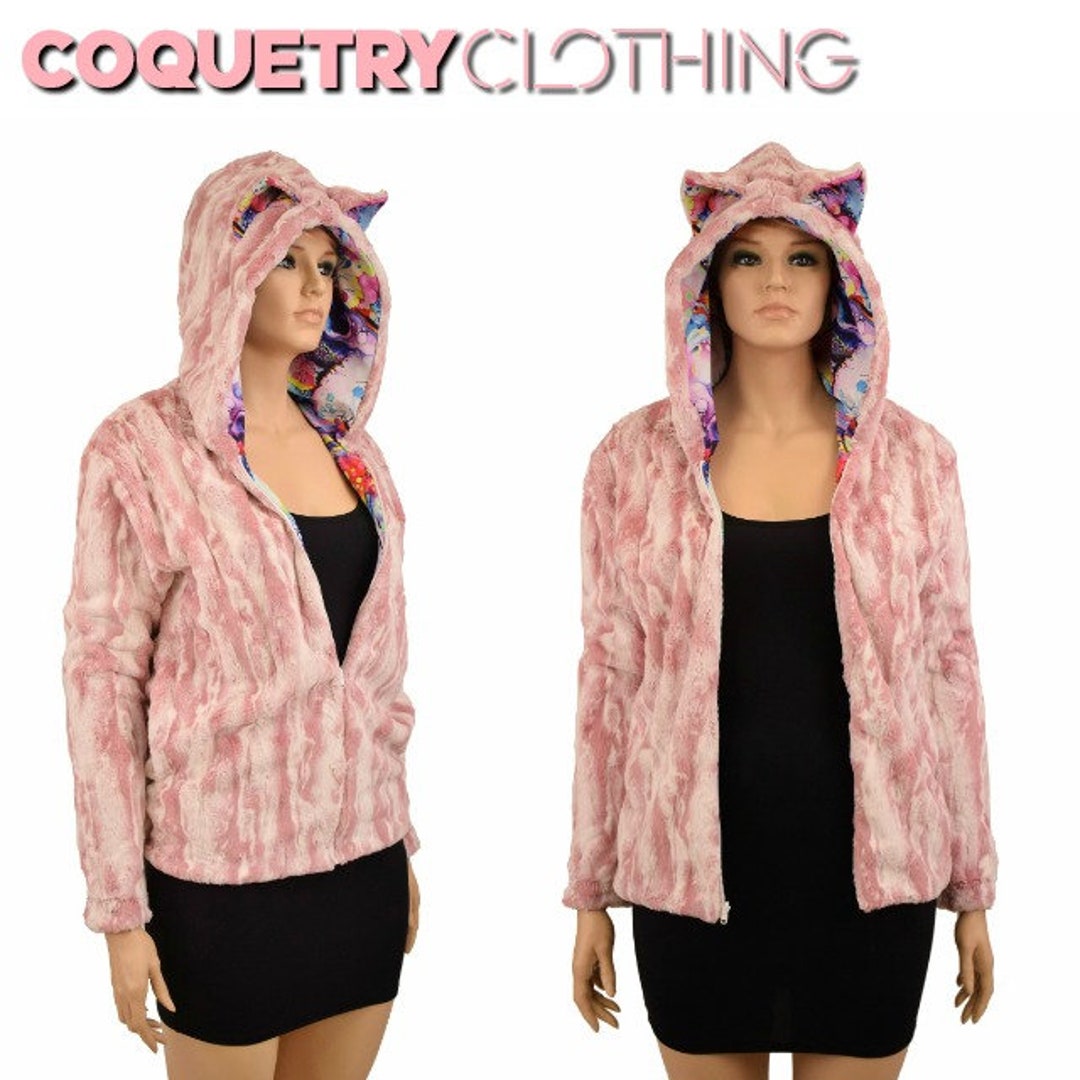 Rosewater Minky Faux Fur Long Jacket With Kitty Ears Lined in UV GLOW ...