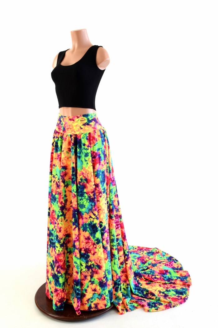 Full Length High Waist Puddle Train Skirt in Neon UV Glow Acid | Etsy
