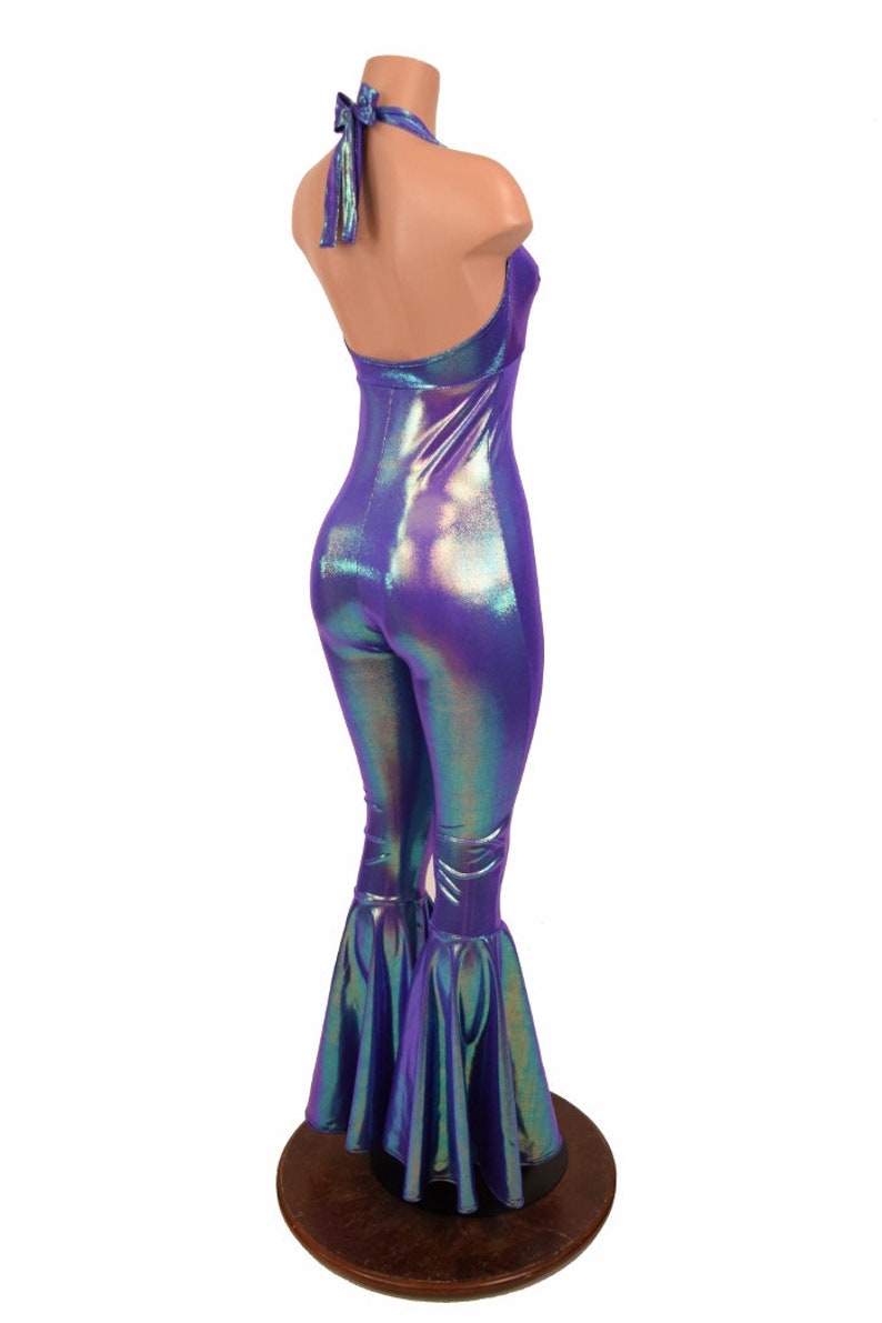 Moonstone Metallic "monroe" Halter Catsuit With Bell Bottom Flares - - Etsy