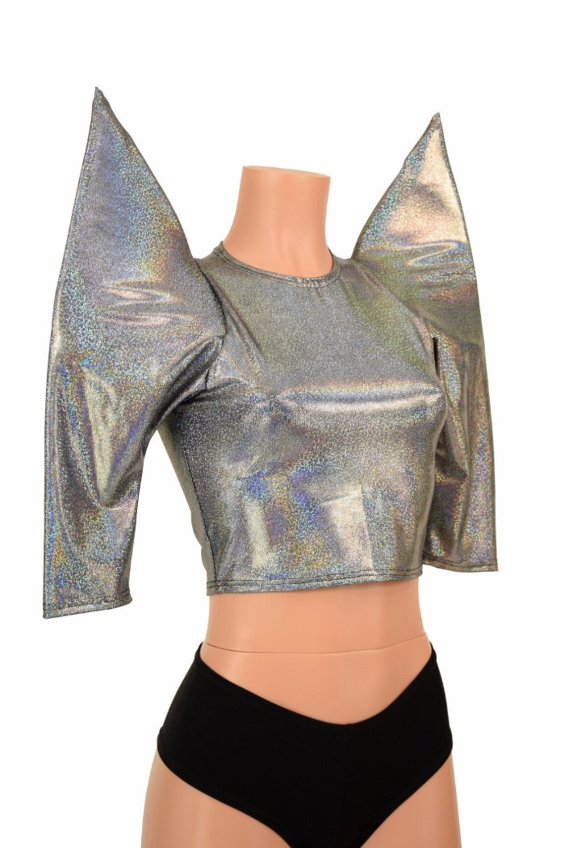 Silver Holographic MEGA Sharp Shoulder Half Sleeve Crew Neck Crop Top ...