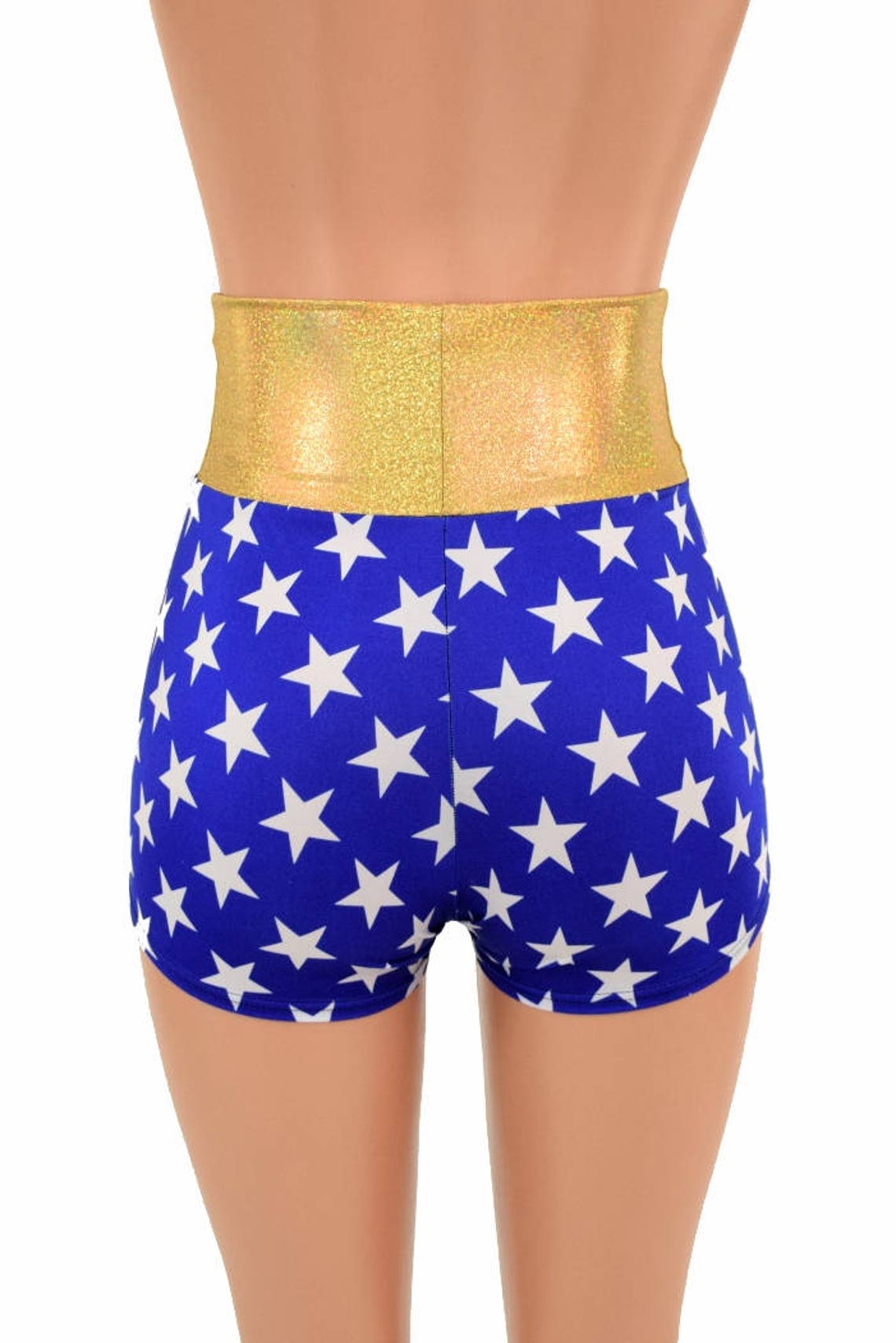 Blue and White Star Print High Waist Booty Shorts With Gold Sparkly ...