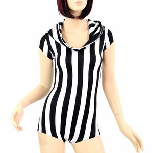 Black & White Stripe Referee Print Cap Sleeve Bodysuit Hoodie Romper ...