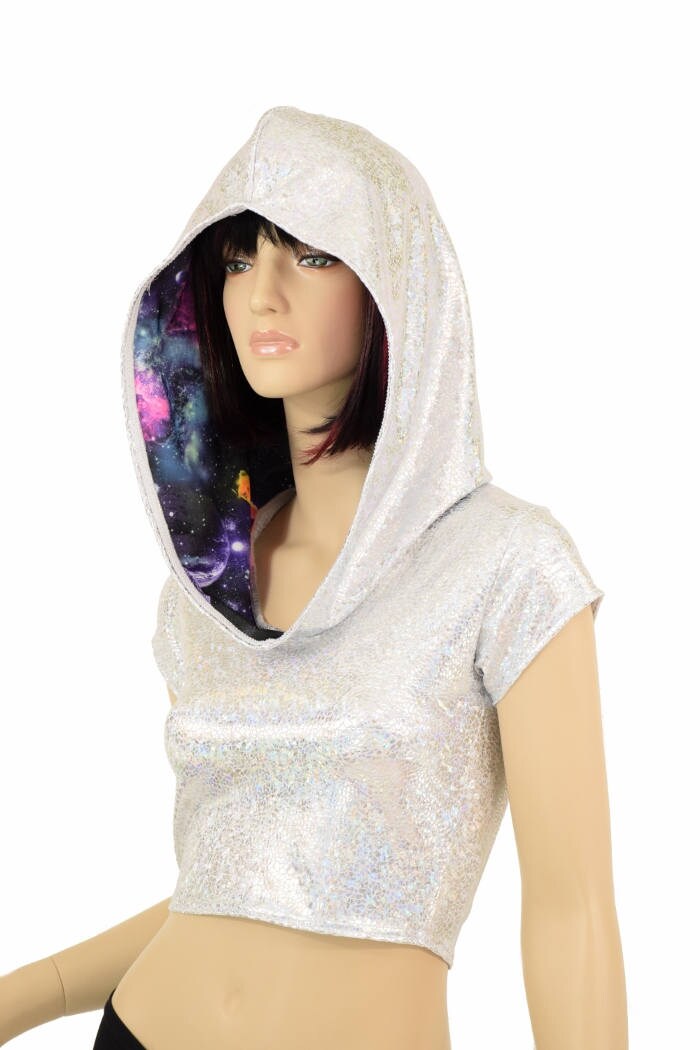 Silver on White Shattered Glass & UV Glow Galaxy Print Cap Sleeve Crop ...