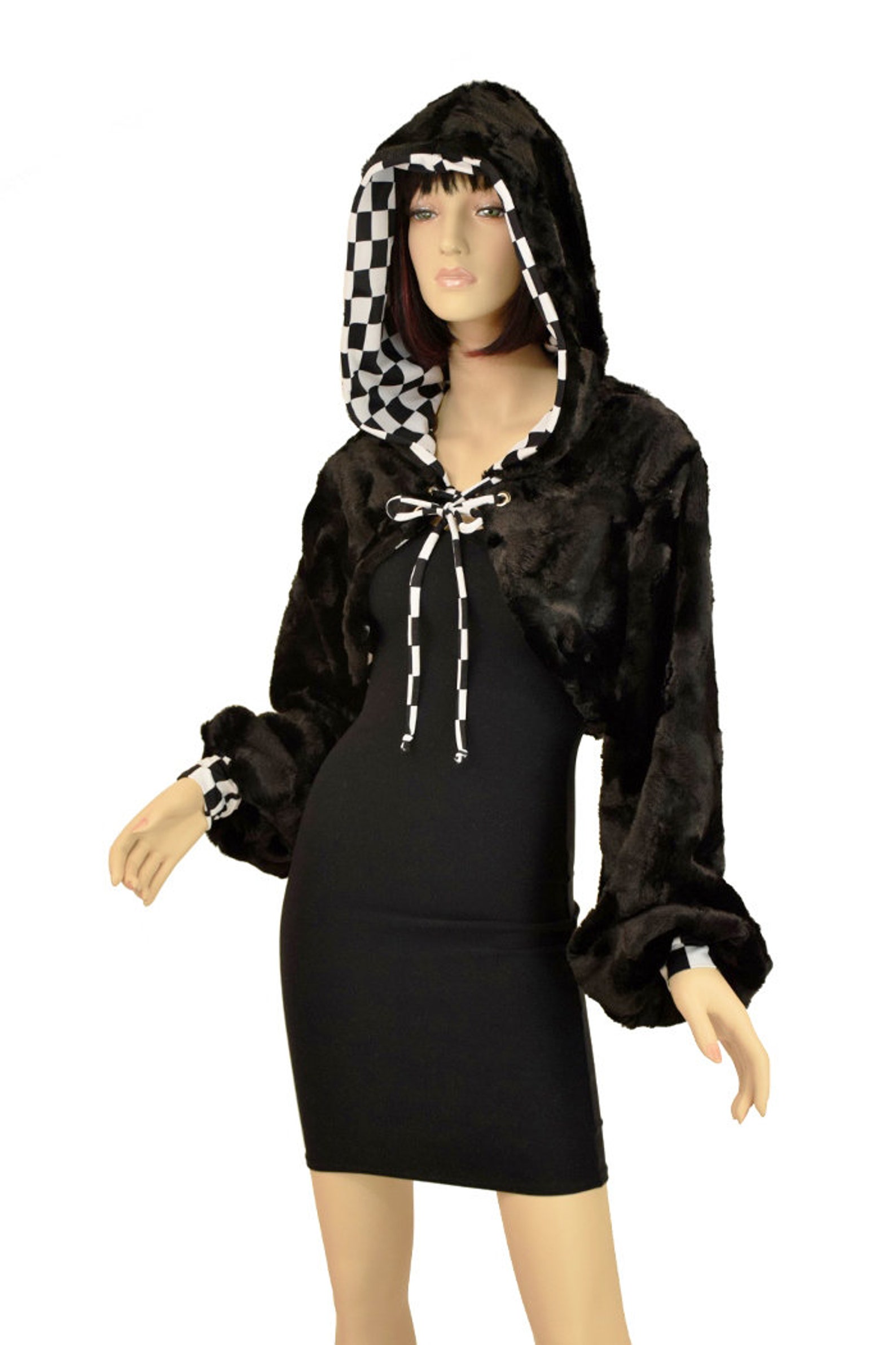 Black Minky Faux Fur Balloon Sleeve Hooded Shrug With Black & White ...
