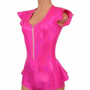 Neon Pink Zipper Front Ruffle Rump Romper With Scoop Neck, Flip Sleeves ...