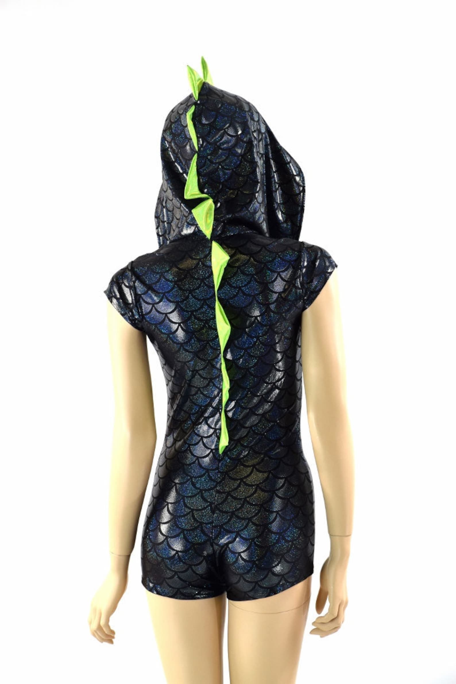 Black Dragon Scale Zipper Front Cap Sleeve Hoodie Romper With | Etsy