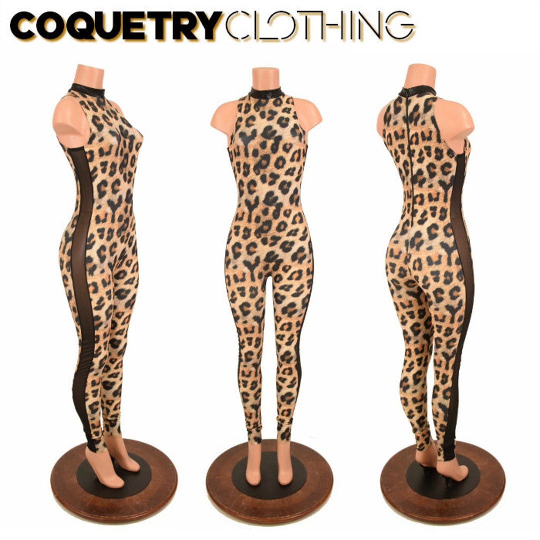 Leopard Print Zipper Back Catsuit With Black Mesh Side Panels and Black ...