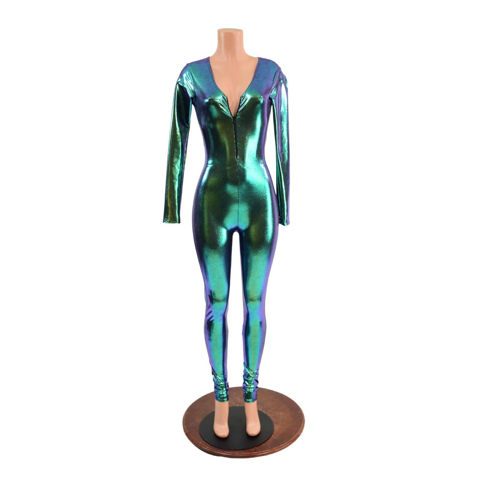 Sheer Mesh Back Catsuit in Scarab With Almond Mesh, Long Sleeves, Scoop ...