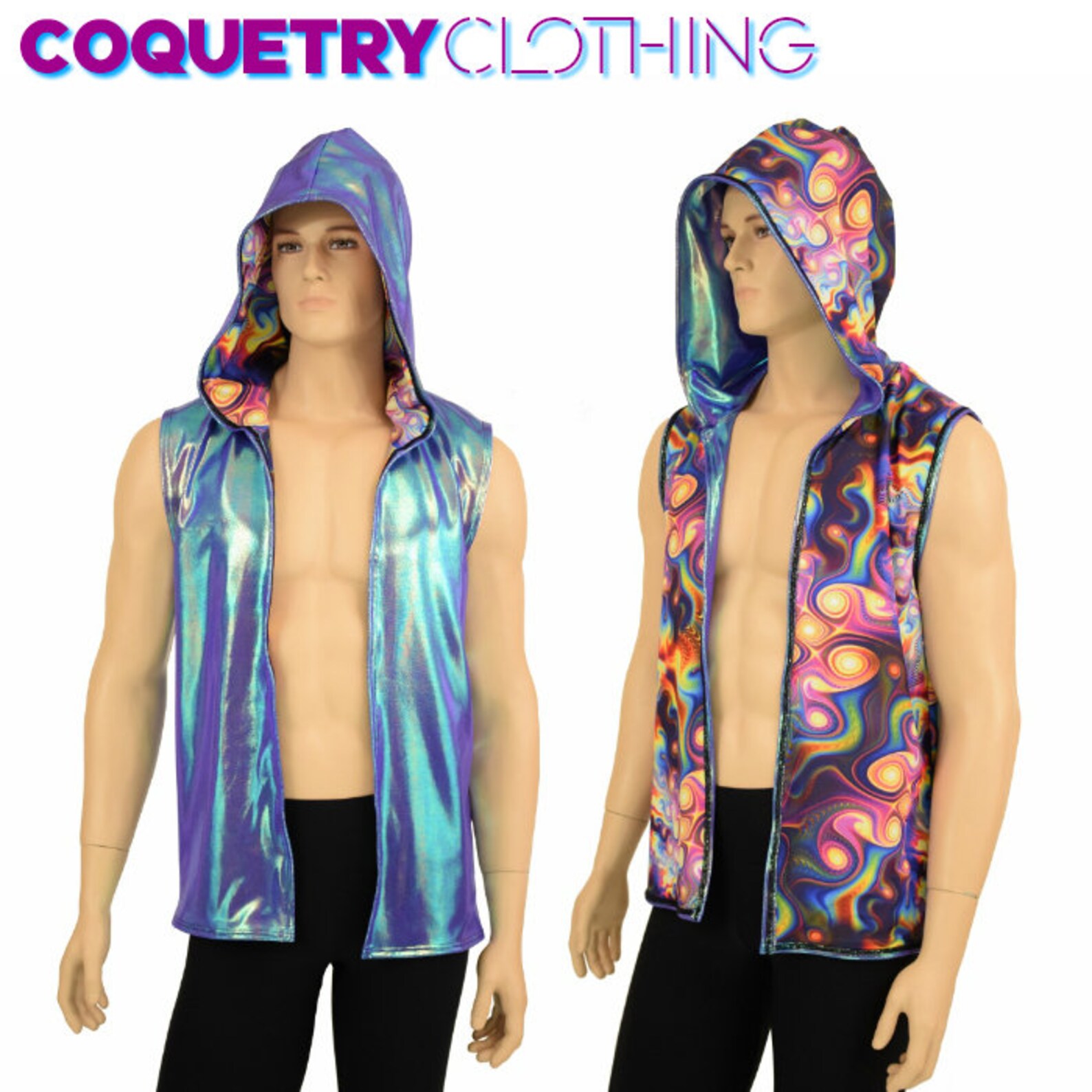 Mens Open Front Hooded Reversible Vest in Moonstone Iridescent Metallic ...