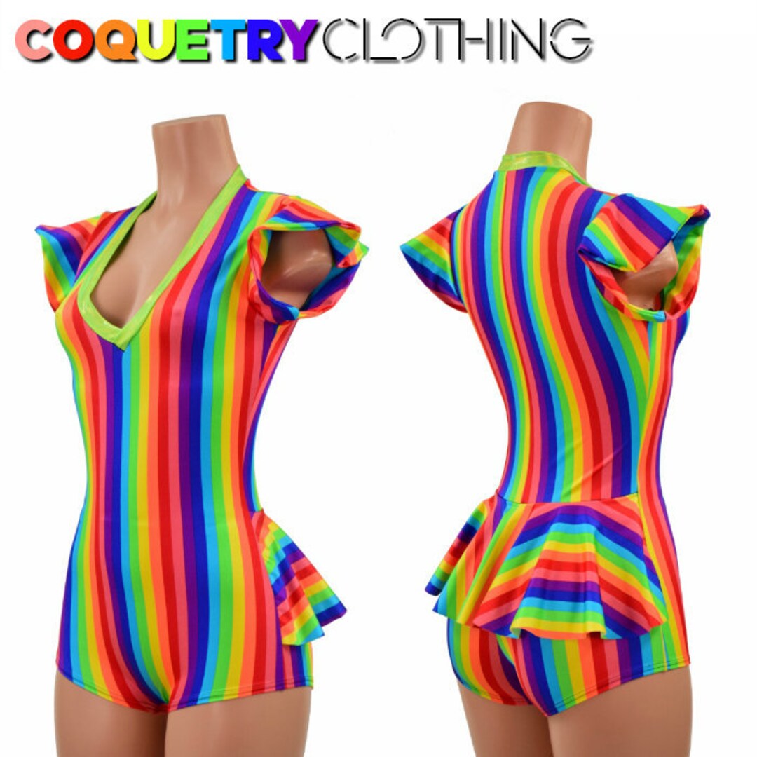 Vertical Stripe Rainbow Romper With Self Lined Flip Sleeve, Ruffle Rump ...