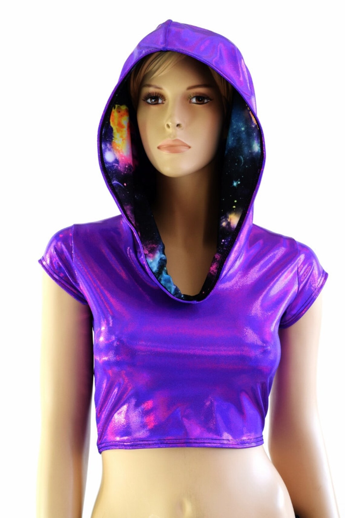 Purple Holographic Cap Sleeve Crop Hoodie & Galaxy Hood Liner Rave ...