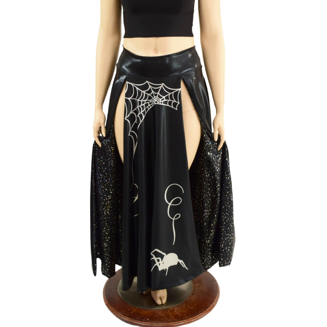 Double Split Skirt With Silver Spider and Web in Black Mystique. Lining ...