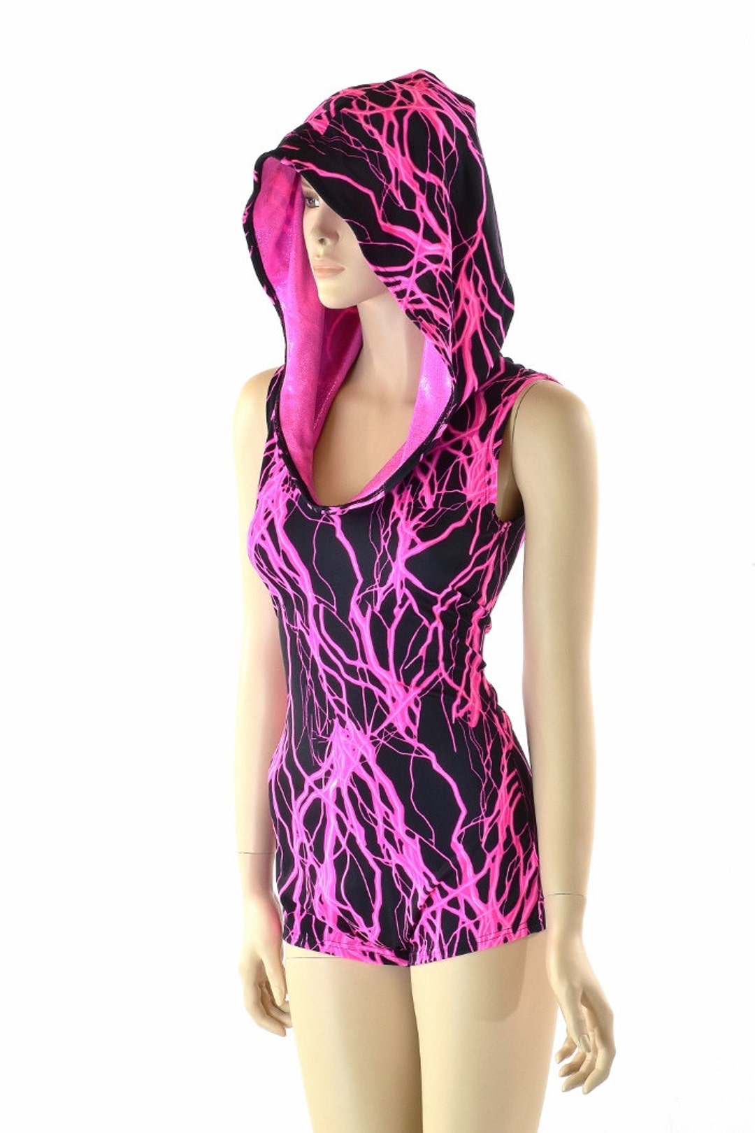 Neon UV Glow Pink Lightning Sleeveless Hoodie Romper With Neon Pink ...