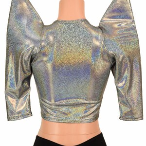Silver Holographic MEGA Sharp Shoulder Half Sleeve Crew Neck Crop Top ...