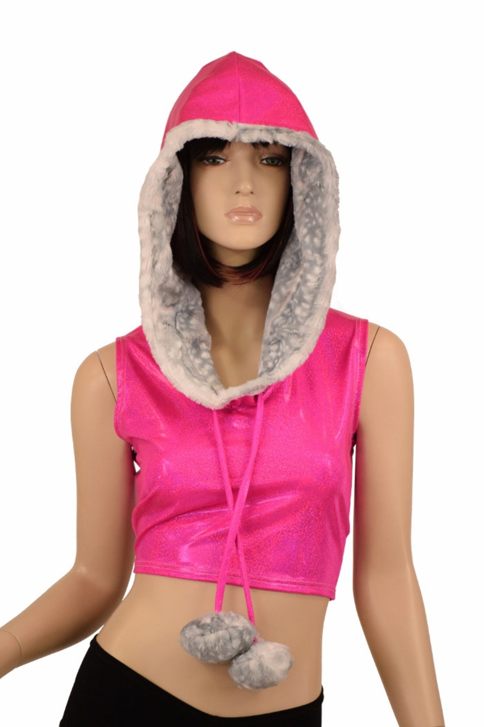 Neon Pink Holographic Sleeveless Hoodie Crop Top W/pink Ties & Silver ...