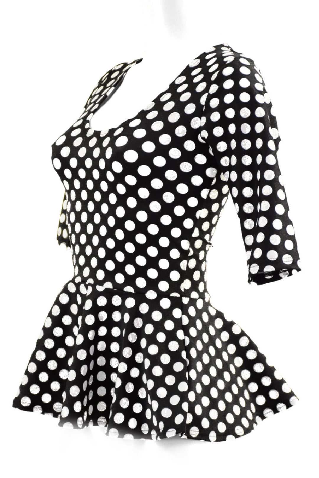 Black and White Polka Dot Peplum Top With Half Sleeves and Scoop ...