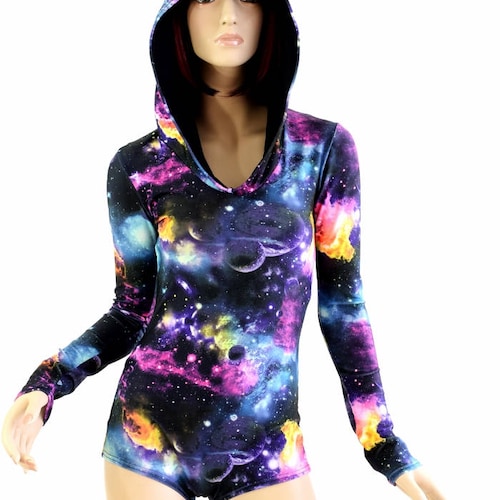 UV Glow Galaxy Space Print Long Sleeve Hoodie Romper Rave - Etsy