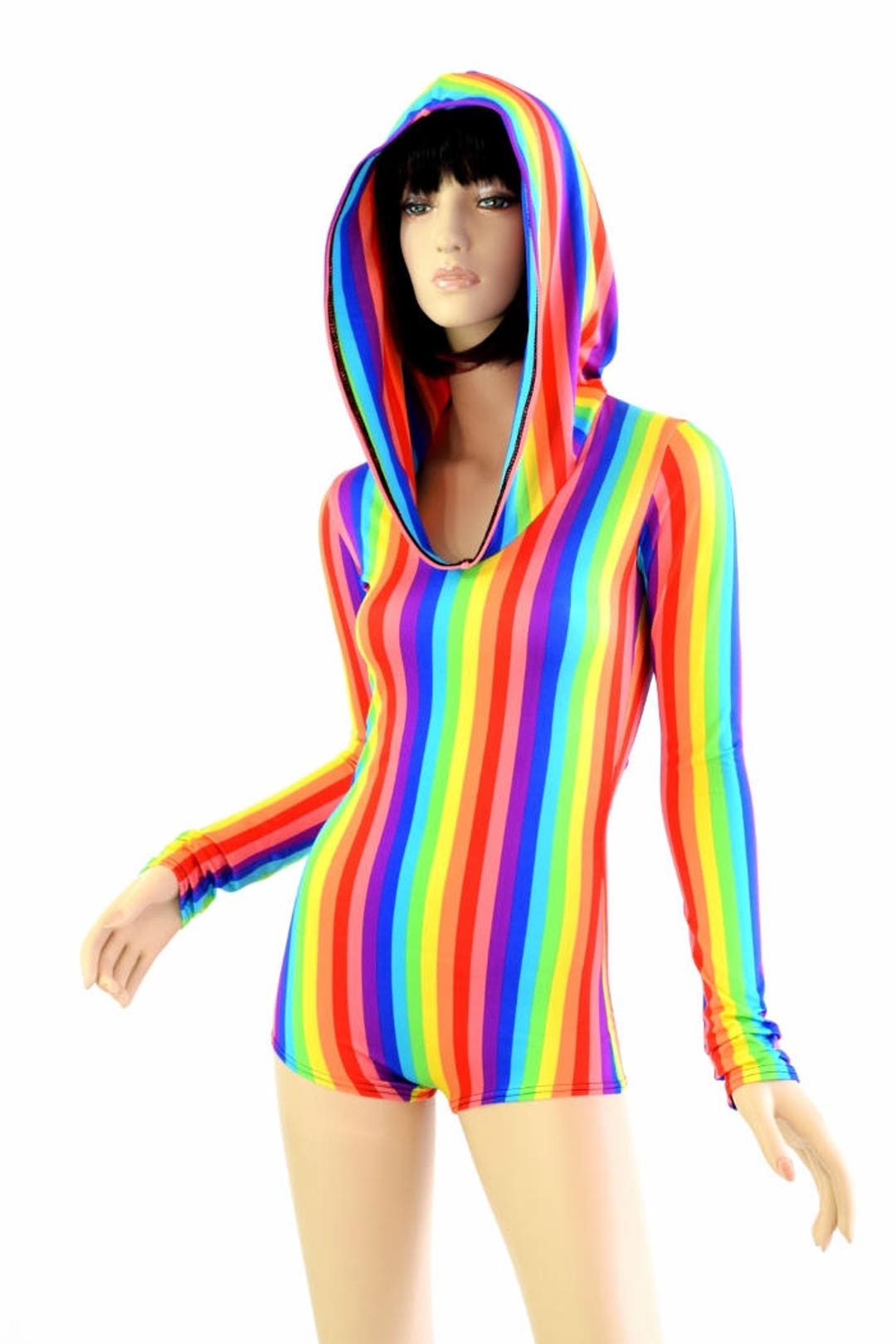 Rainbow Stripe Long Sleeve Hoodie Romper W/self-lined Hood Rave ...