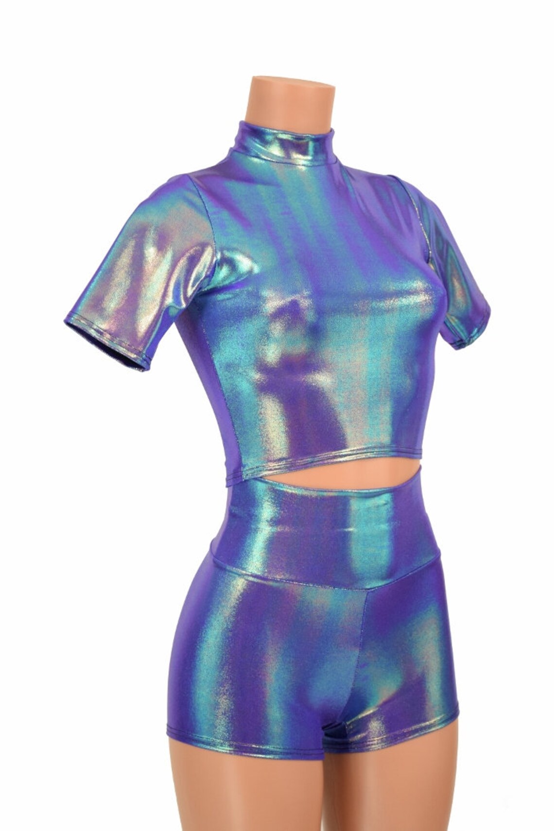 Moonstone Metallic Tee Length Sleeve Short Collar Crop Top & High Waist ...