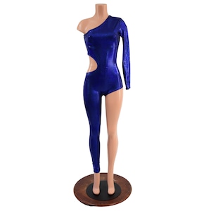 Blue Sparkly Jewel Asymmetrical Catsuit With Boy Cut Leg and Waist ...