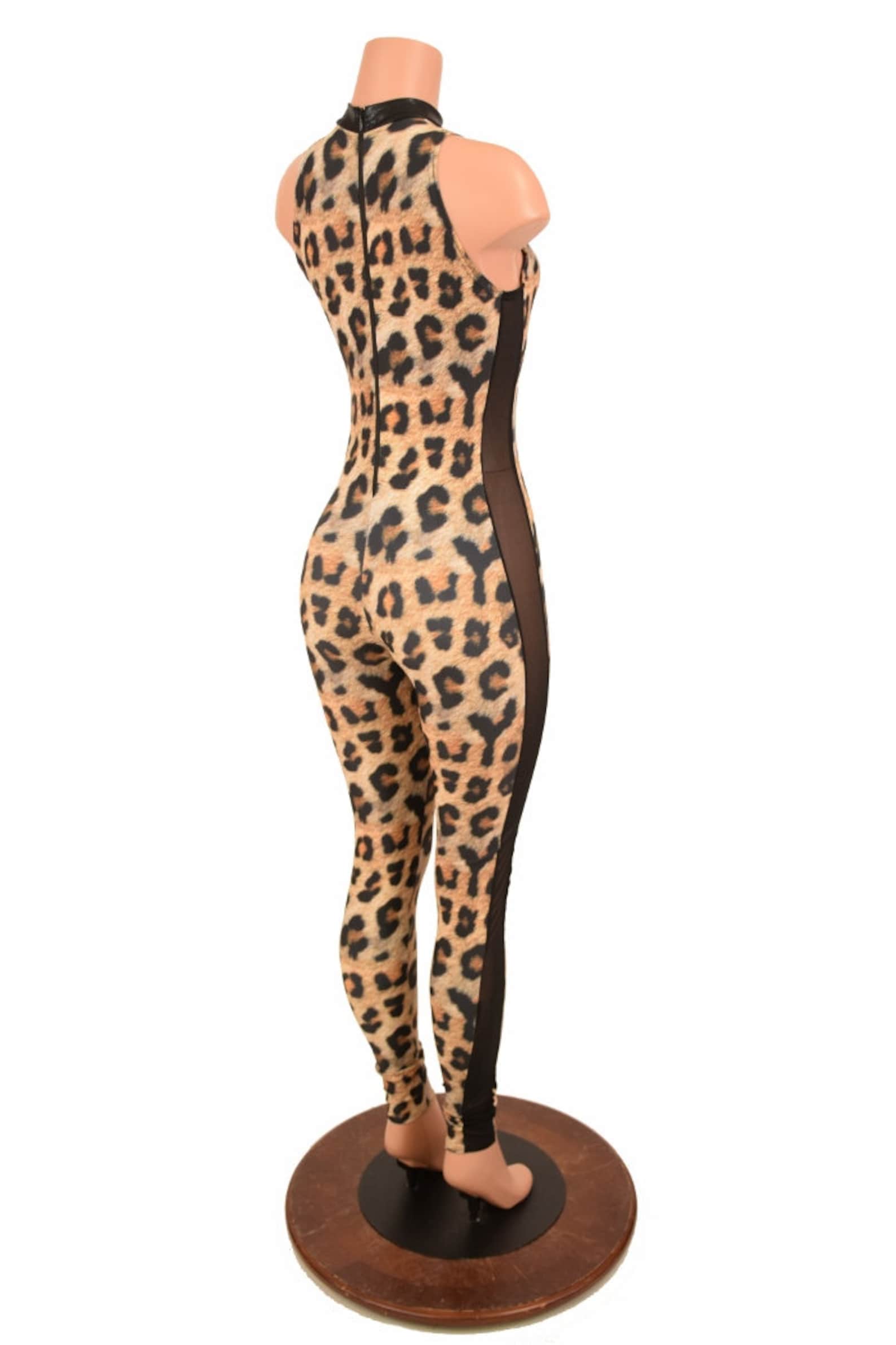 Leopard Print Zipper Back Catsuit With Black Mesh Side Panels - Etsy