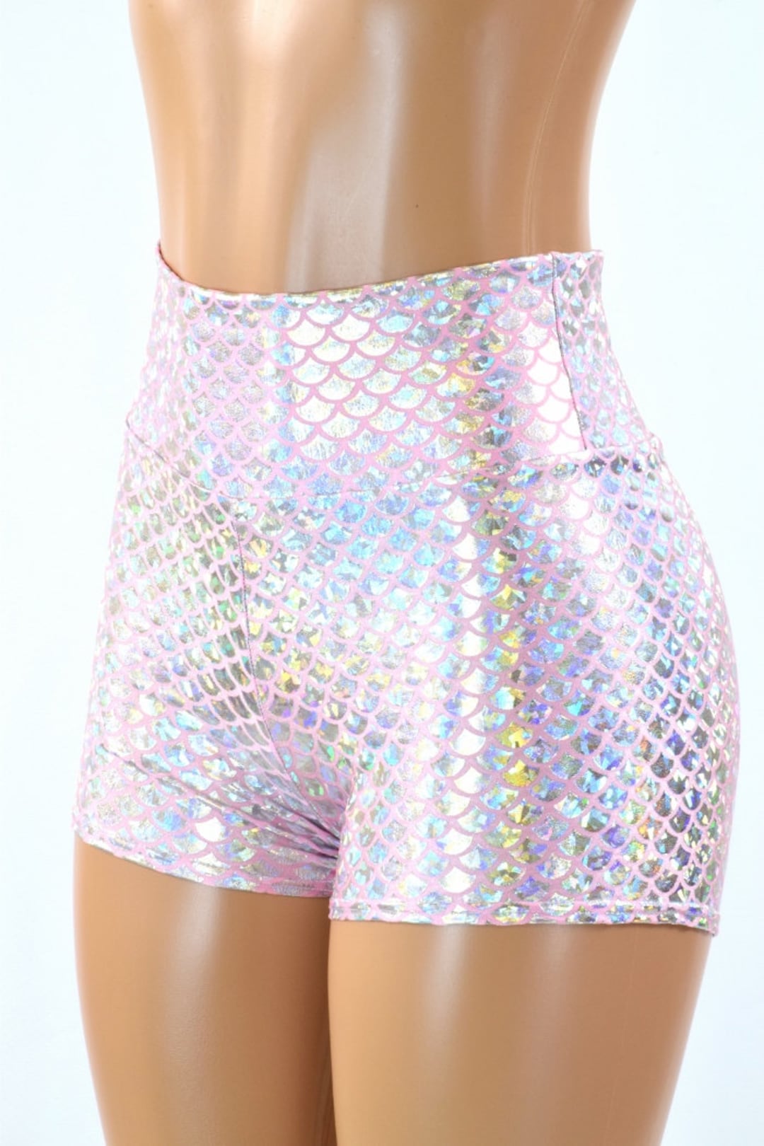 High Waist Shorts in Silver on Pink Mermaid Scale 151495 - Etsy