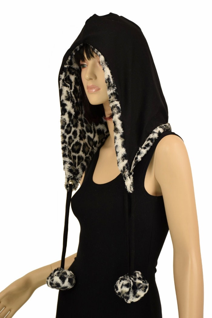 Snow Leopard Minky Faux Fur Pom Pom Hood With Black Velvet Liner ...