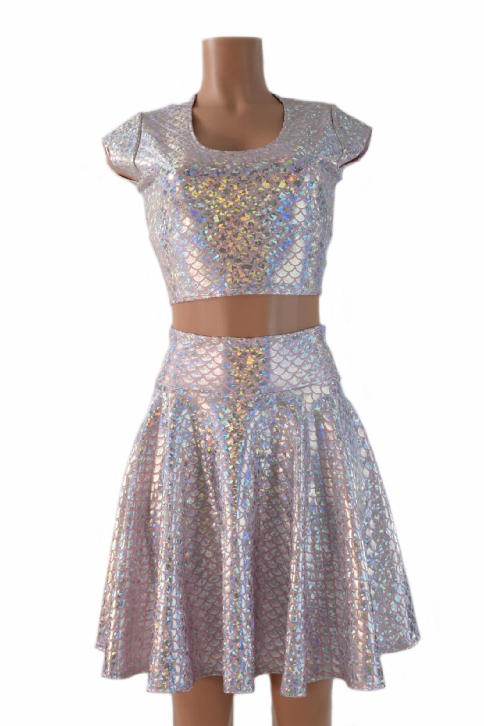 Pink and Silver Mermaid Scale Cap Sleeve Crop Top & Circle - Etsy