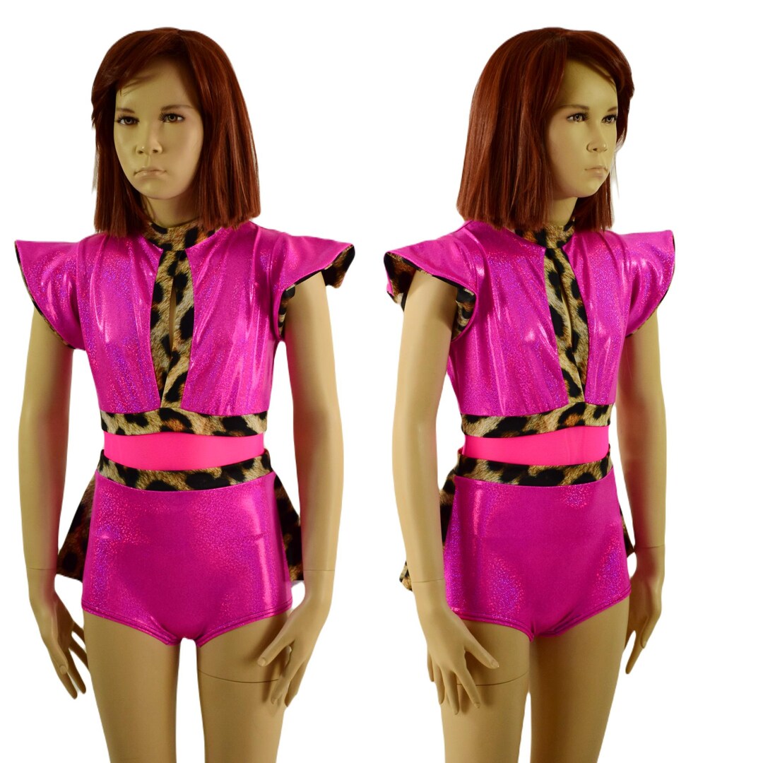Kids Neon Pink and Leopard Print Romper With Keyhole Neckline, Flip ...
