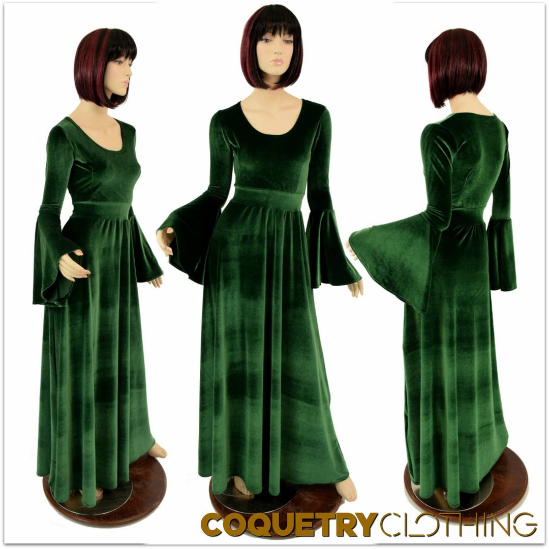 Green Stretch Velvet Renaissance "fiona" Gown With Trumpet Sleeves and ...