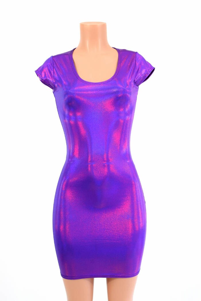 Holographic Grape Purple Metallic Bodycon Clubwear Dress With Cap ...