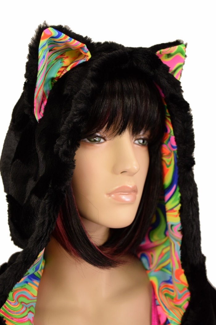 Reversible Minky A Line Coat in Black and Neon Flux With Kitty Ears - Etsy