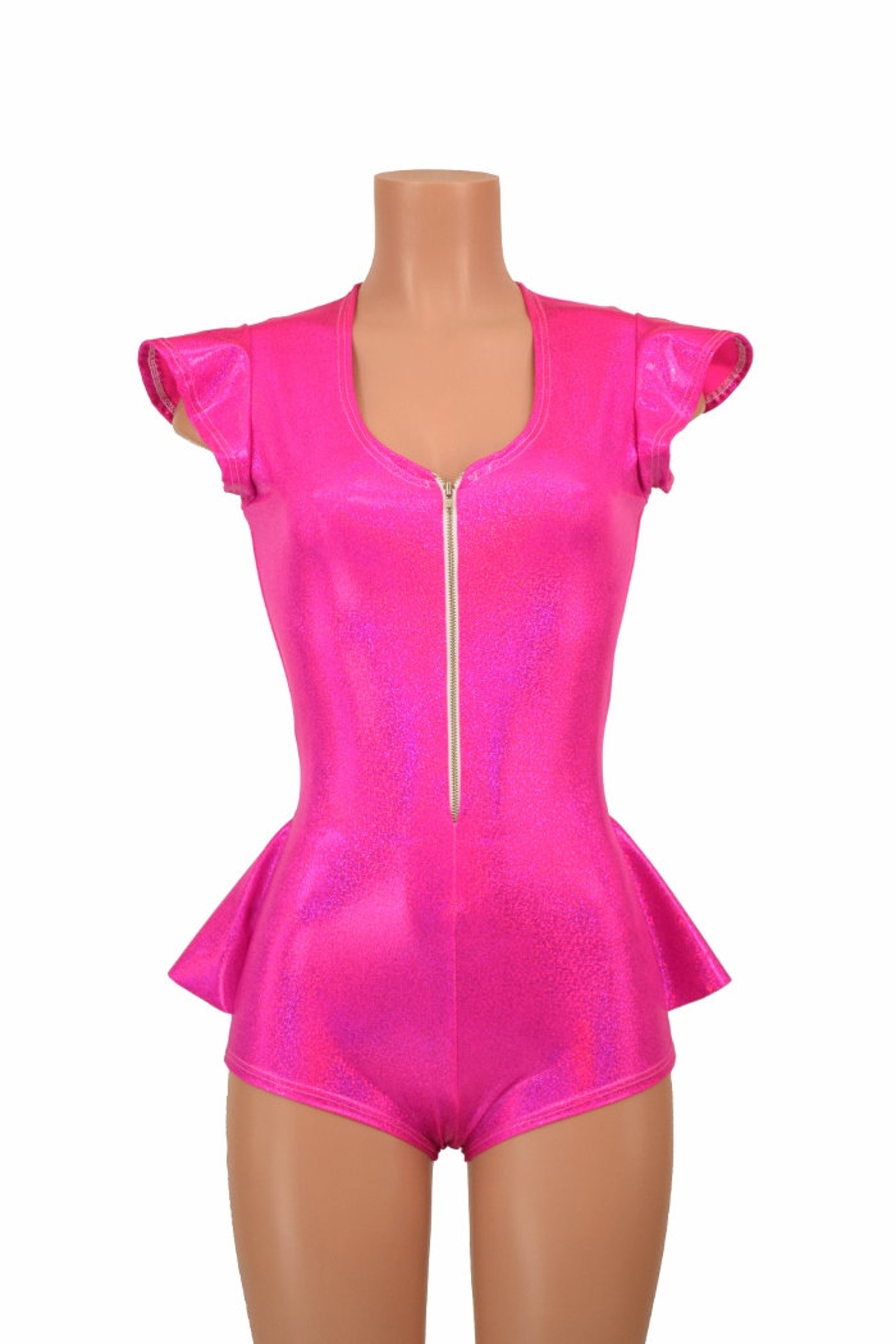 Neon Pink Zipper Front Ruffle Rump Romper With Scoop Neck - Etsy