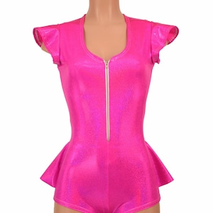 Neon Pink Zipper Front Ruffle Rump Romper With Scoop Neck, Unlined Flip ...