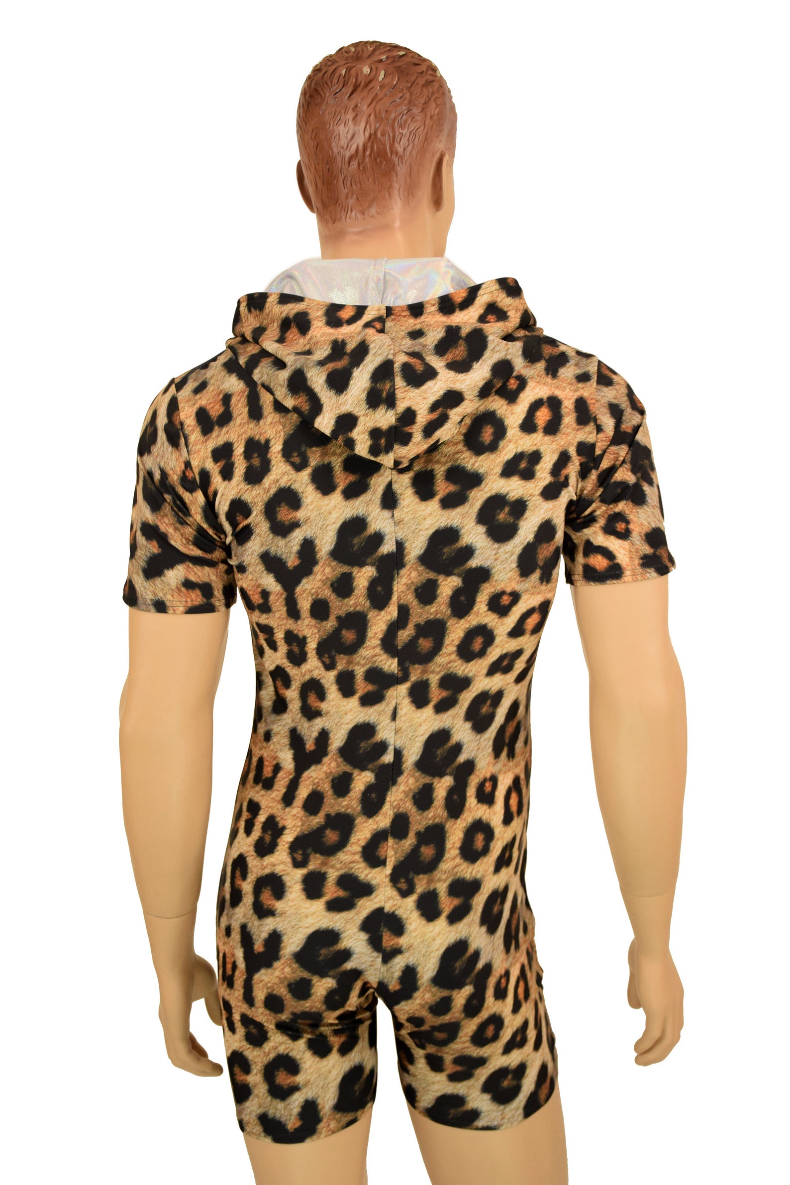 Mens Leopard Print Zipper Front Tee Length Sleeve Hoodie Romper W ...