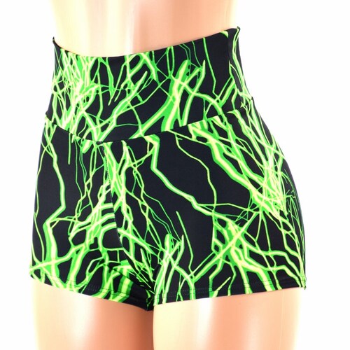 NEON UV Glow Blue Lightning Print High Waist Shorts 154283 - Etsy