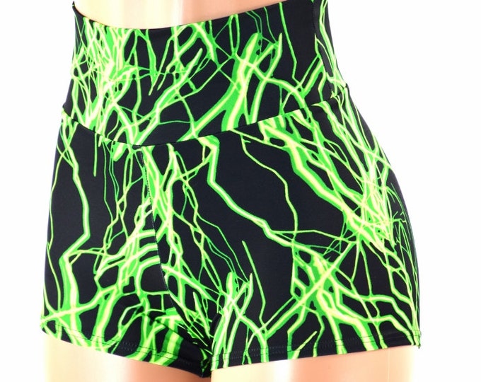 NEON UV Glow Green Lightning Print High Waist Shorts 152433 - Etsy
