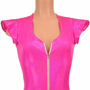 Neon Pink Zipper Front Ruffle Rump Romper With Scoop Neck, Flip Sleeves ...