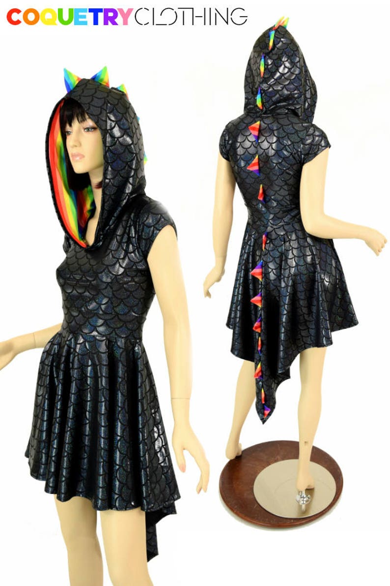 Black Dragon Scale Cap Sleeve Hoodie Skater Dress With Dragon Tail ...