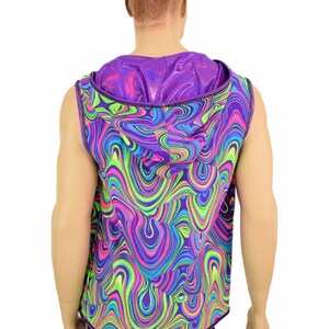 Mens Open Front Hooded Reversible Vest in Grape Purple Holographic ...