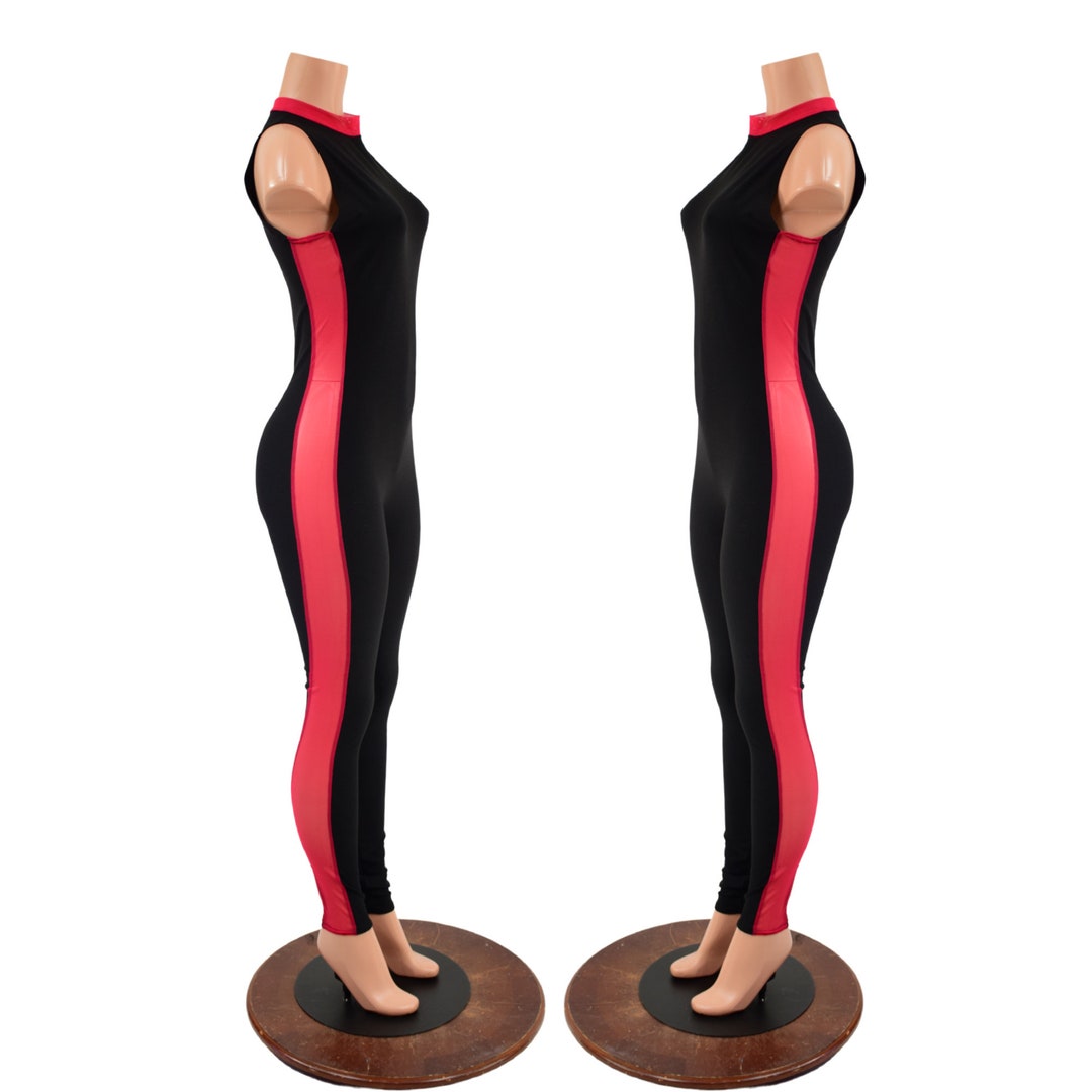 Black Zen Zipper Back Catsuit With Red Mesh Side Panels and Short ...