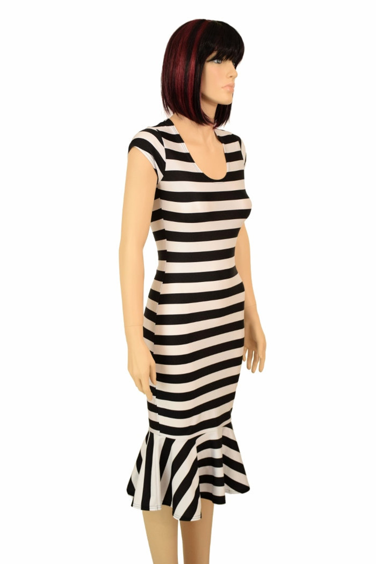 Black & White Horizontal Stripe UV GLOW Ruffled Cap Sleeve Wiggle Dress ...
