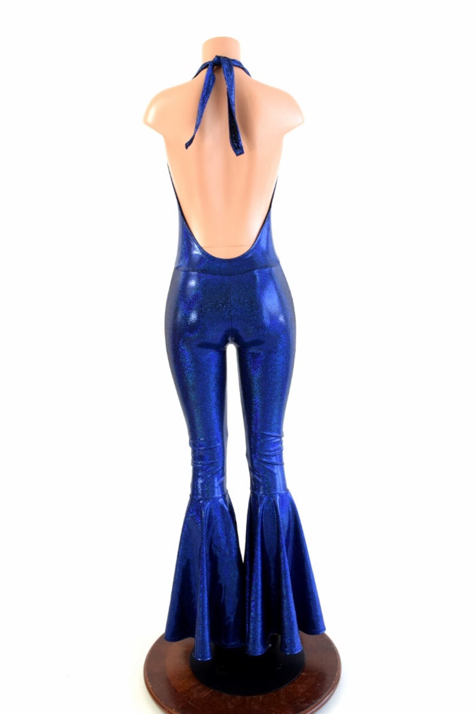Blue Sparkly Jewel Metallic "josie" Halter Catsuit With Bell Bottom ...