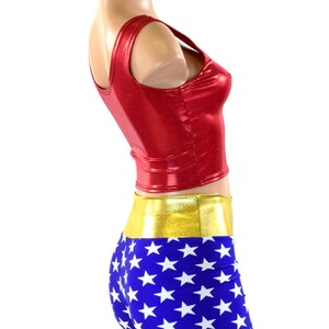 2PC Red Metallic Tank Top, Blue & White Star Print High Waist Booty ...