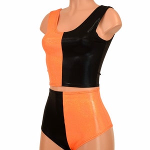 2PC Black Mystique/orange SJ Split Tank Crop & High Waist "siren ...