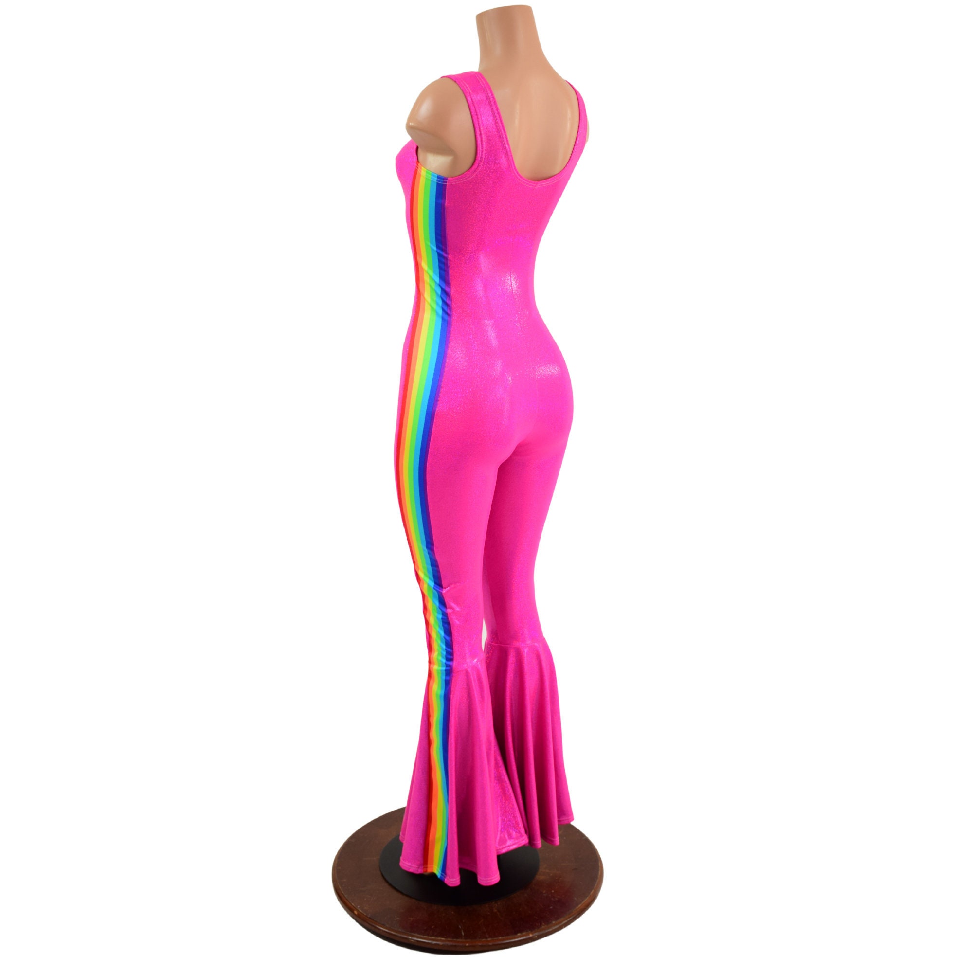 Neon Pink Sparkly Bell Bottom Tank Catsuit With Retro Rainbow Side ...