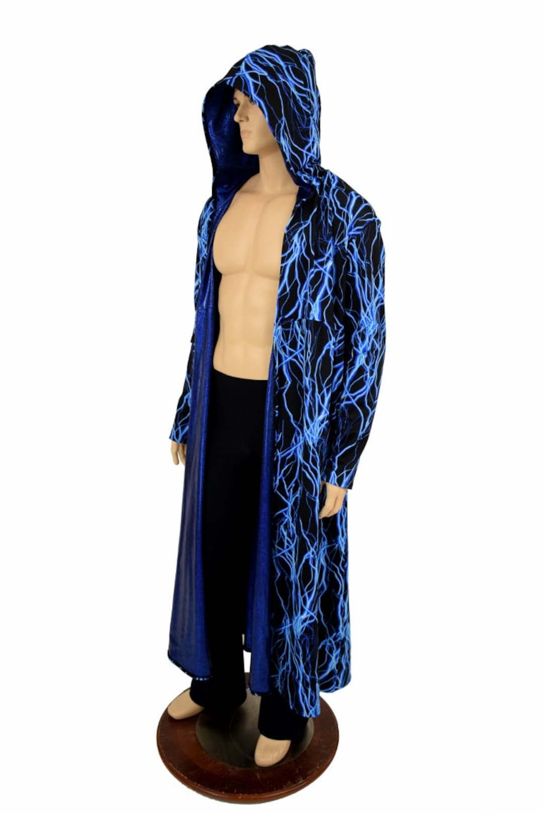 Reversible 4 Pocket Long Sleeve Hooded Duster UV Glow Blue Lightning ...