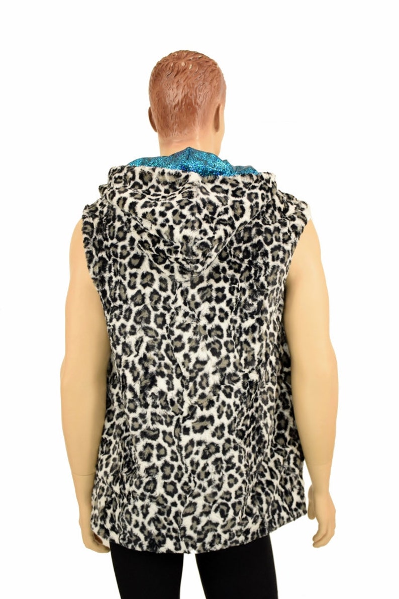 Mens Zipper Front Hooded Reversible Vest in Minky Snow Leopard Faux Fur ...