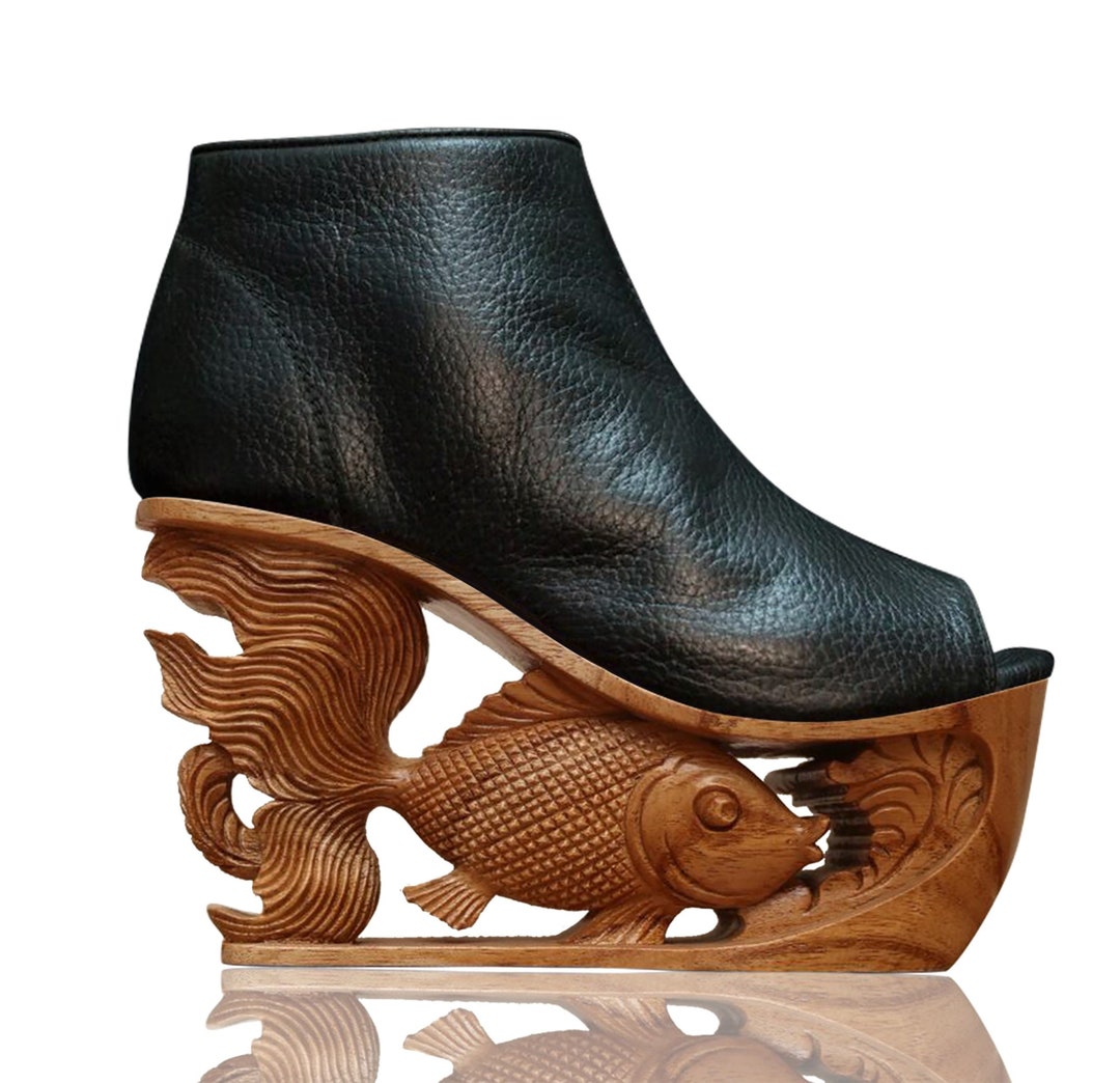 Koi Hand Carved Wood Platform Wedge Heel - Etsy