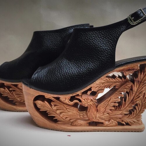 Wave Hand Carved Wood Platform Wedge Heel - Etsy Australia